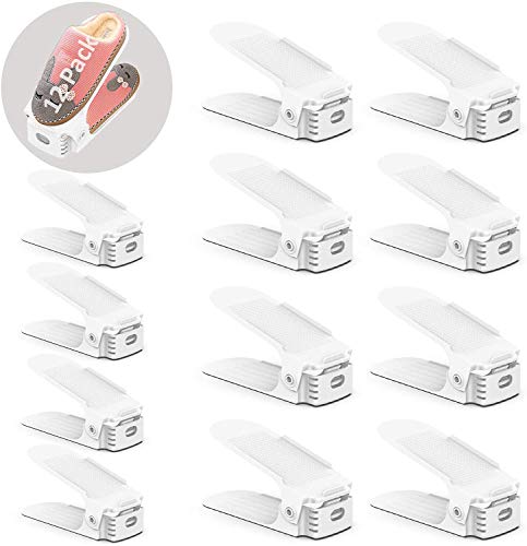 JGUSVYT Shoe Slots Organizer Under Stairs Storage, Adjustable Double Layer Stack Shoe Rack, 50% Space Saver for Closet Organization White