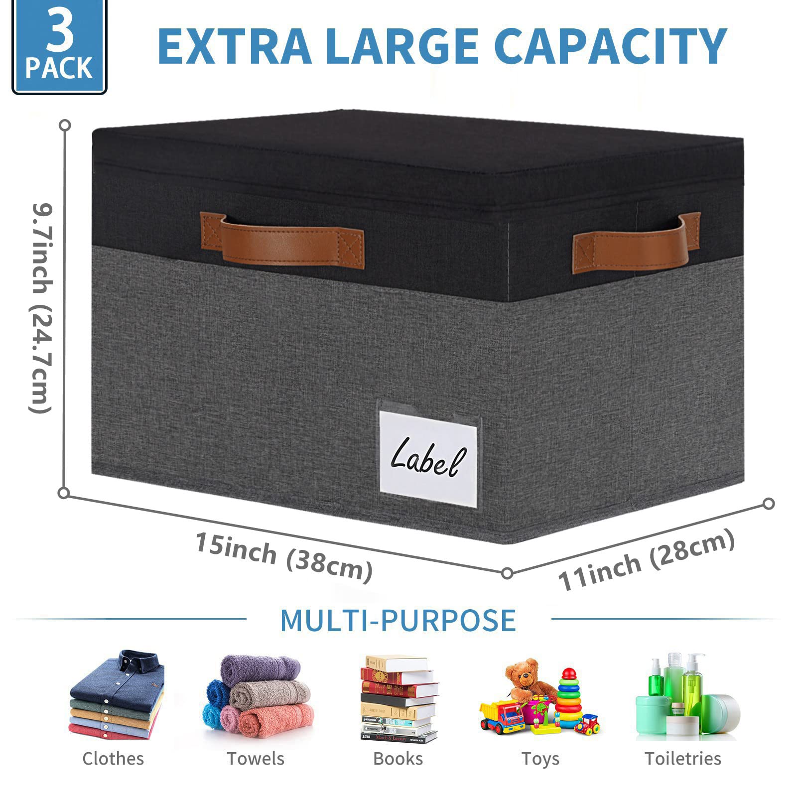 GhvyenntteS Fabric Storage Bins with Lids 3 Pack, Closet Storage Boxes with Lid and 3 Handles, Foldable Storage Baskets with Lids and Label Window for Home Office (Grey&Black, 15" x 11" x 9.7")
