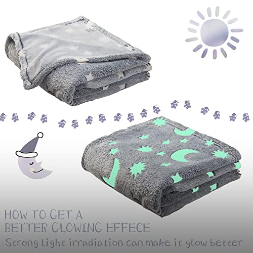 QH Seamless Star & Moon Gray Glow in The Dark Throw Blanket Luminous Blanket-Fun, Cozy Fleece Throw Blanket Made for Great Gifts 60in x 50in