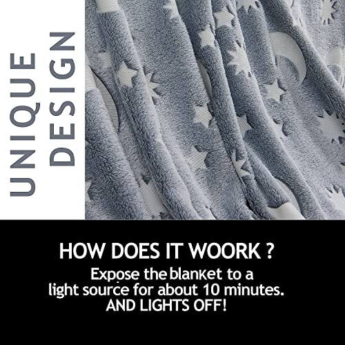 QH Seamless Star & Moon Gray Glow in The Dark Throw Blanket Luminous Blanket-Fun, Cozy Fleece Throw Blanket Made for Great Gifts 60in x 50in