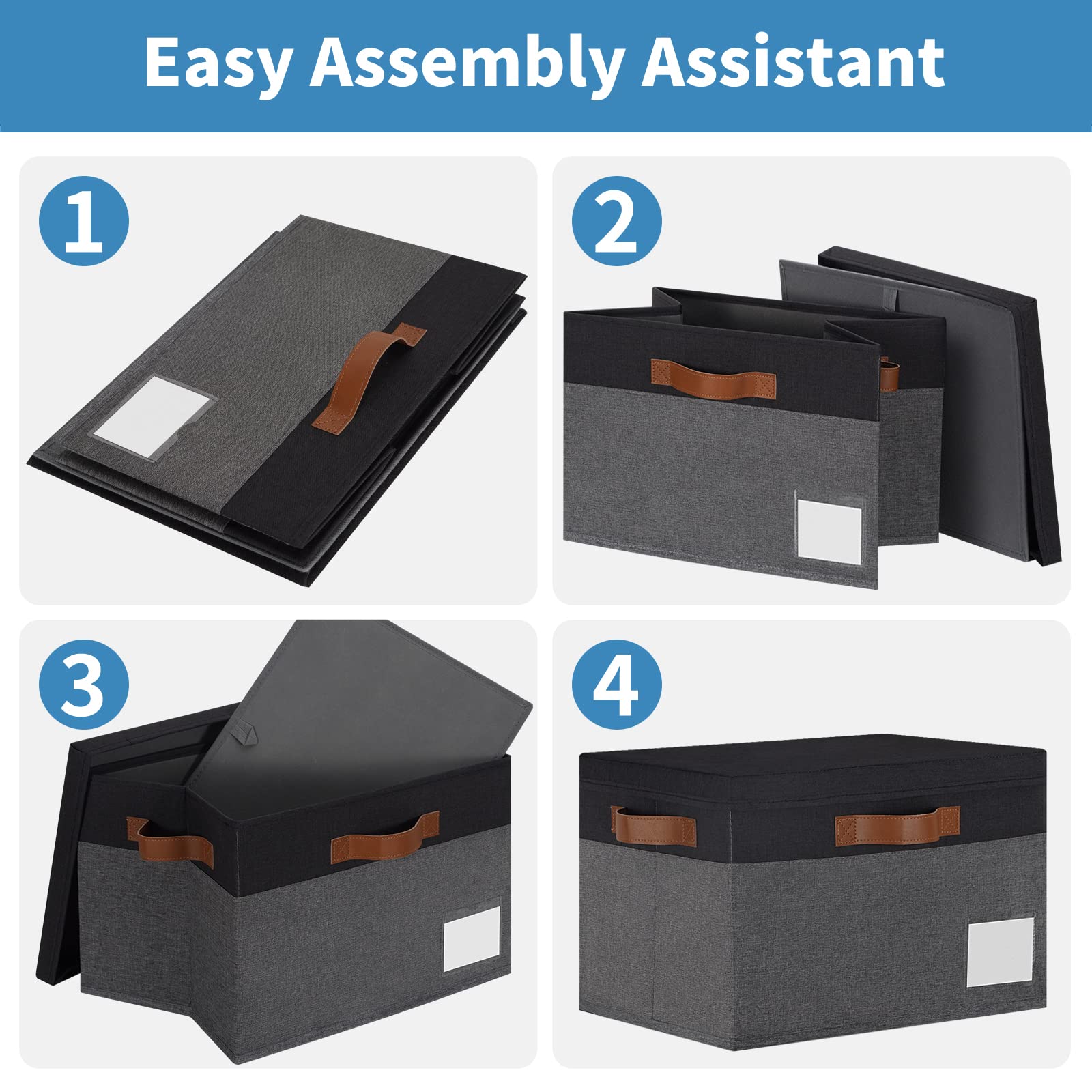 GhvyenntteS Fabric Storage Bins with Lids 3 Pack, Closet Storage Boxes with Lid and 3 Handles, Foldable Storage Baskets with Lids and Label Window for Home Office (Grey&Black, 15" x 11" x 9.7")