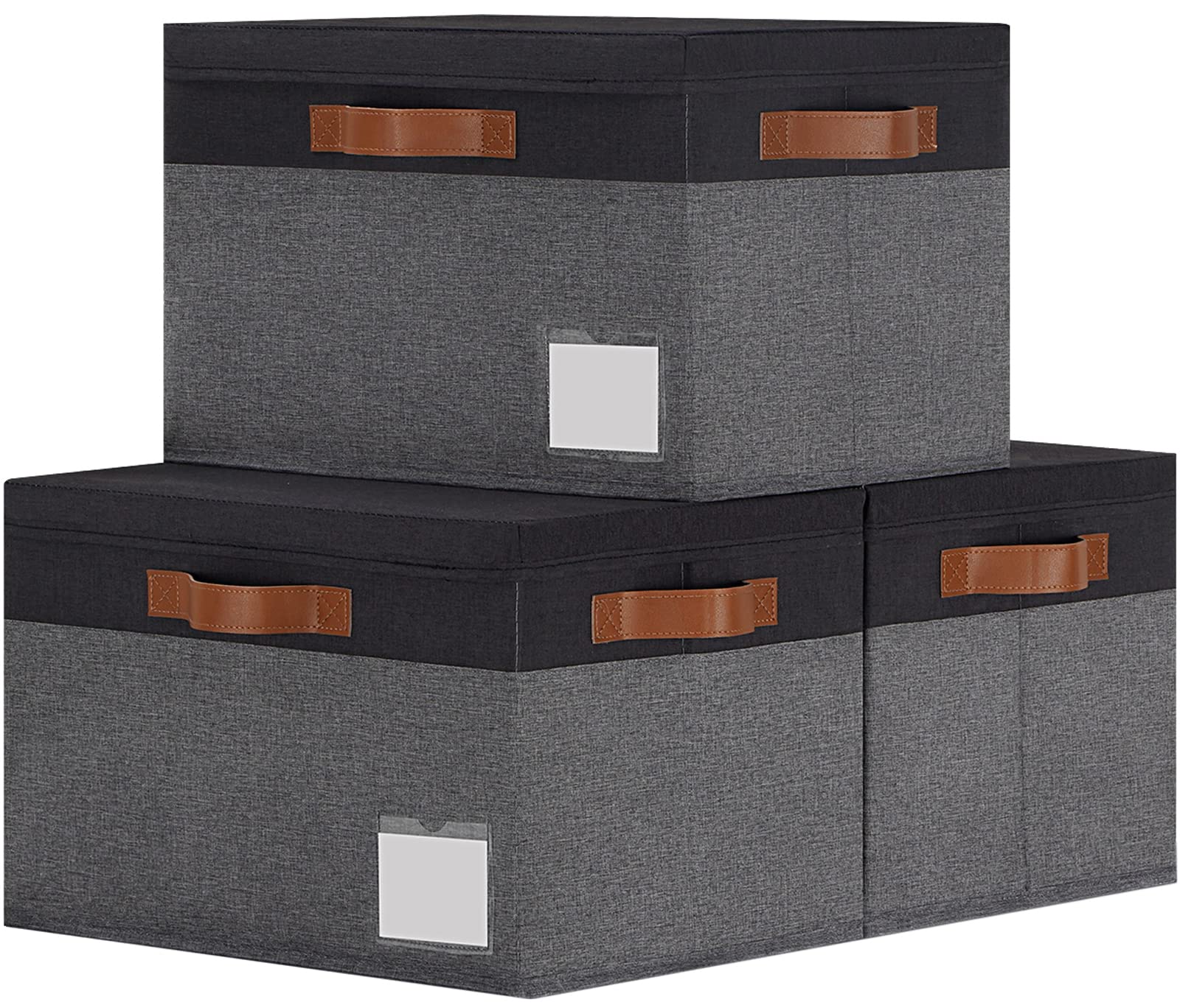 GhvyenntteS Fabric Storage Bins with Lids 3 Pack, Closet Storage Boxes with Lid and 3 Handles, Foldable Storage Baskets with Lids and Label Window for Home Office (Grey&Black, 15" x 11" x 9.7")