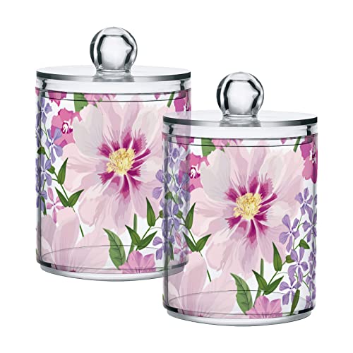 SUABO Plastic Jars with Lids,Pink Flower White St Storage Containers Wide Mouth Airtight Canister Jar for Kitchen Bathroom Farmhouse Makeup Countertop Household,Set 2