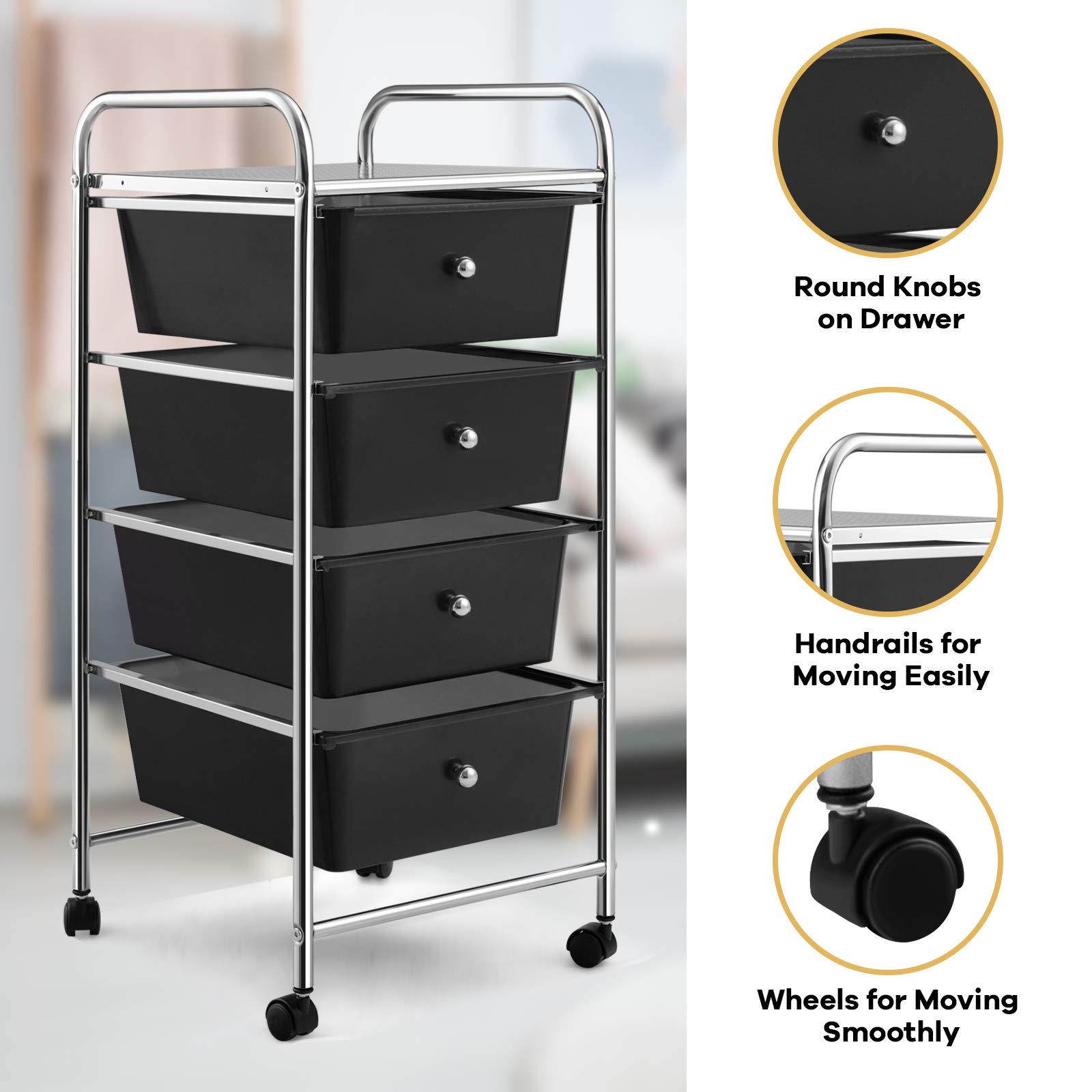 RELAX4LIFE Storage Drawer Carts Classroom Organization Rolling Carts with Wheels 4 Drawers -Craft Organizing Drawers with Plastic Drawers, Utility Cart for Office, School Storage Cart (Black)