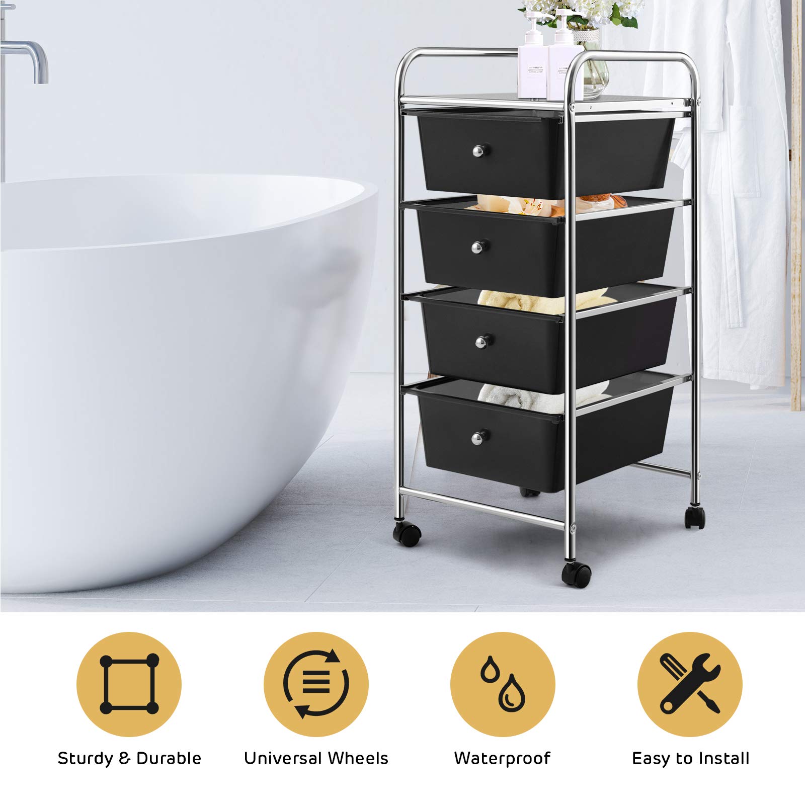 RELAX4LIFE Storage Drawer Carts Classroom Organization Rolling Carts with Wheels 4 Drawers -Craft Organizing Drawers with Plastic Drawers, Utility Cart for Office, School Storage Cart (Black)
