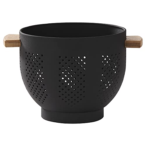 Metal Colander with Wood Handle, Powder Coated Steel Large Kitchen Strainer Stable Base (5.5 quart, MatteBlack)