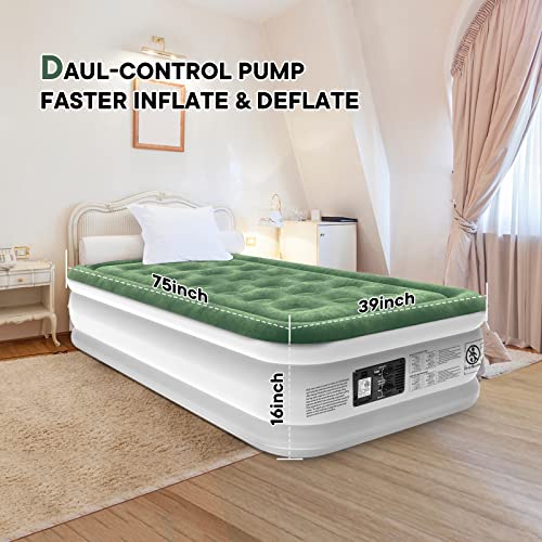 Zearna Twin Air Mattress with Built Pump, 16" Durable Blow Up Mattress Airbed, Comfortable Top Surface Inflatable Mattress for Camping Home & Portable Travel