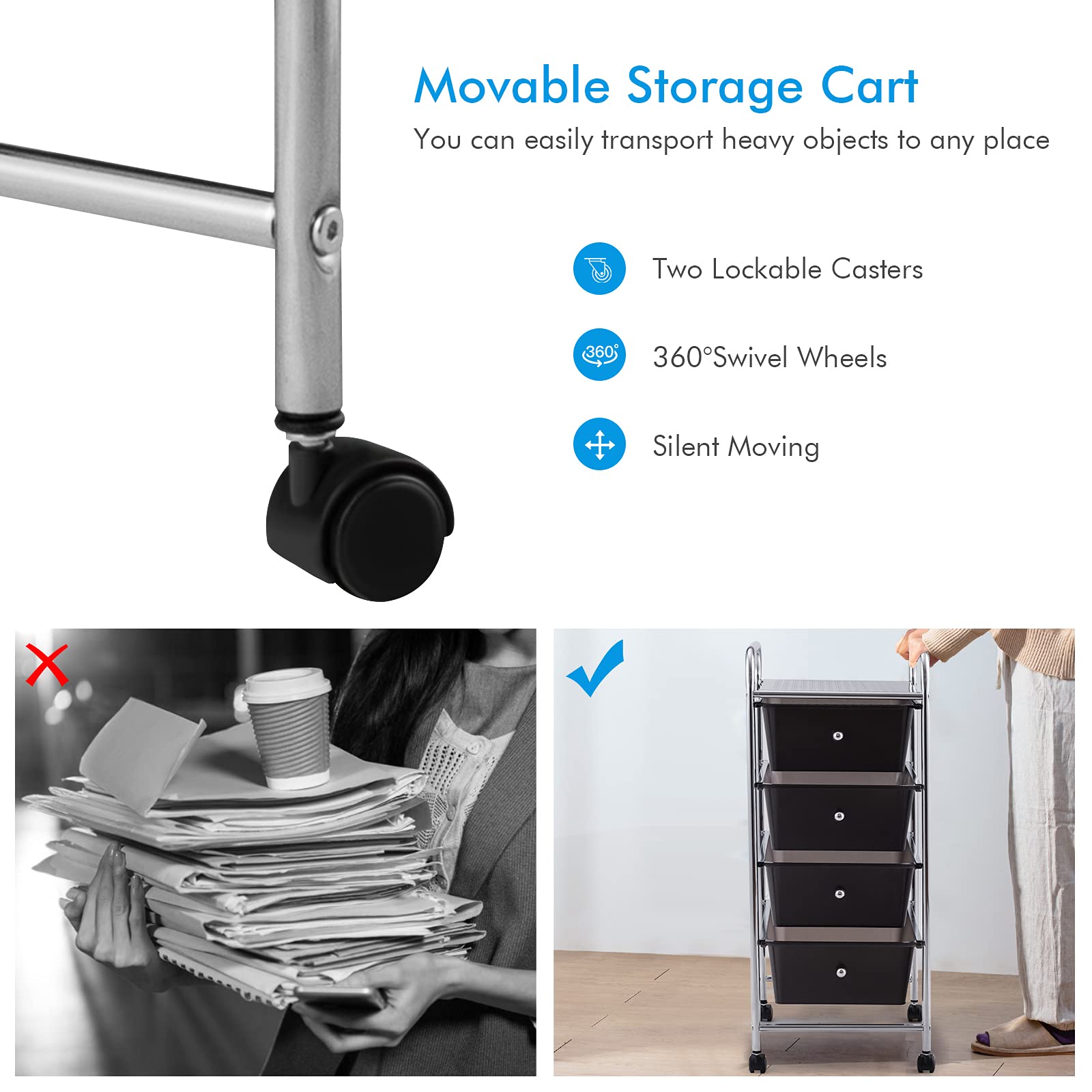 RELAX4LIFE Storage Drawer Carts Classroom Organization Rolling Carts with Wheels 4 Drawers -Craft Organizing Drawers with Plastic Drawers, Utility Cart for Office, School Storage Cart (Black)