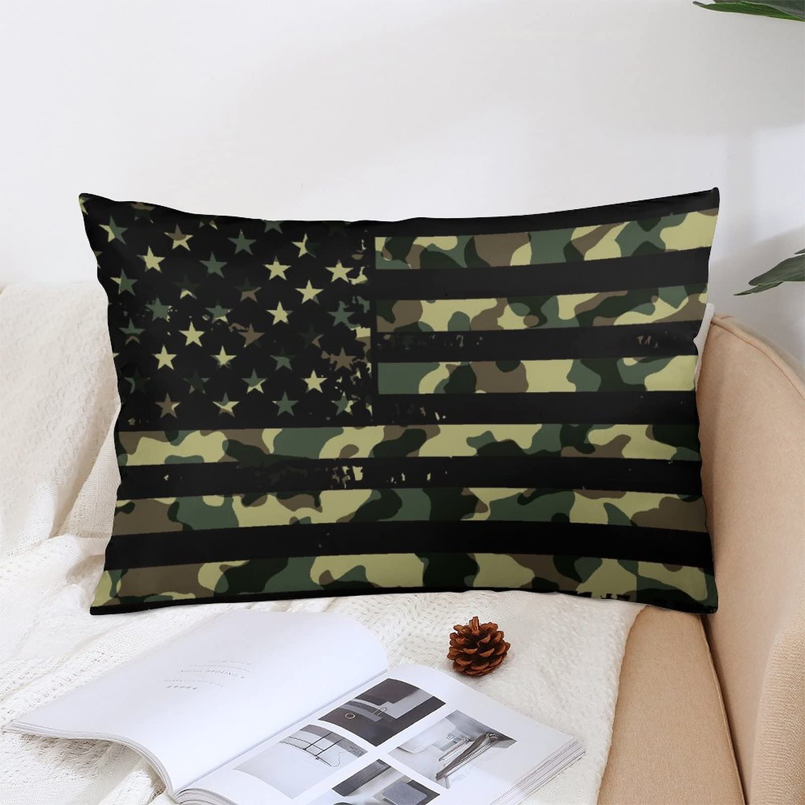 Pillow Case Cushion Standard Queen Size American Flag Green Camouflage Pillowcases American Flag with Green Camo Oblong Cushion Cover Pillow Zippered Pillow Case Bed Decor 20"x30"