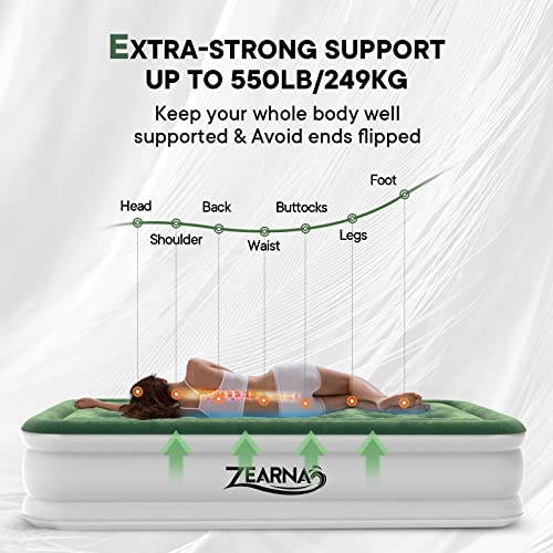 Zearna Twin Air Mattress with Built Pump, 16" Durable Blow Up Mattress Airbed, Comfortable Top Surface Inflatable Mattress for Camping Home & Portable Travel