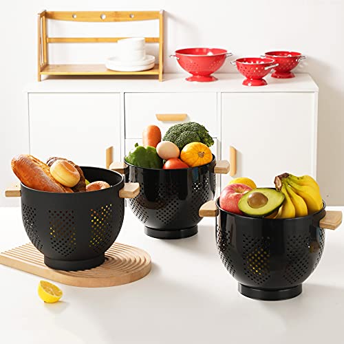 Metal Colander with Wood Handle, Powder Coated Steel Large Kitchen Strainer Stable Base (5.5 quart, MatteBlack)