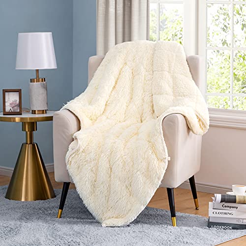 joybest Faux Fur Weighted Blanket Oeko-Tex Standard 100 Certified Sherpa Fleece 10 Pounds 50x60 Inches Throw Size Heavy Weighted Blanket with Premium Glass Beads, Light Beige
