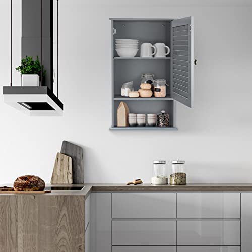 Bathroom Wall Cabinet, Wall Mounted Medicine Cabinet w/Single Louver Door, Adjustable Shelf, Bathroom Cabinet Wall Mounted Wooden Bathroom Storage Cabinet Over Toilet Laundry Room Kitchen (Gray)
