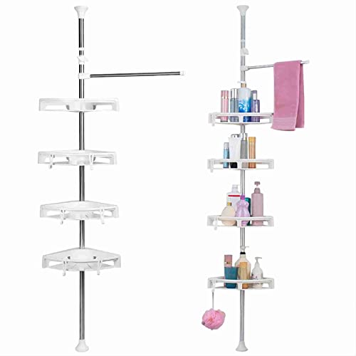 DAHOOMII Rustproof Shower Caddy Corner Shower Racks for Bathroom,Bathtub Storage Organizer for Shampoo Accessories Adjustable Shelves with Tension Pole Towel Bar Ivory (Large Corner Shelf 4 Tier)