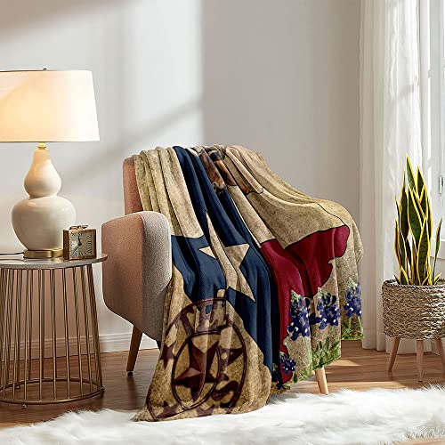 LUVIVIHOME Western Throw Blanket, Texas Flag Cattle Bull Bluebonnet Ranch Wild West Rodeo Cowboy Blanket, Cozy Soft Lightweight Fluffy Fuzzy Warm Plush Flannel Fleece Blanket for Couch, Sofa, 40"x50"