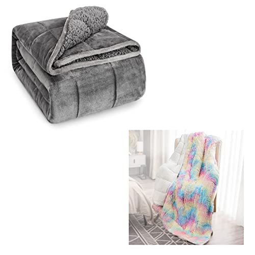 Wemore Sherpa Fleece Weighted Blanket for Adult Grey 48 x 72 Inches 15lbs with Shaggy Long Fur Faux Fur Weighted Blanket Rainbow 60 x 80 Inches 15lbs