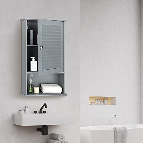 Bathroom Wall Cabinet, Wall Mounted Medicine Cabinet w/Single Louver Door, Adjustable Shelf, Bathroom Cabinet Wall Mounted Wooden Bathroom Storage Cabinet Over Toilet Laundry Room Kitchen (Gray)
