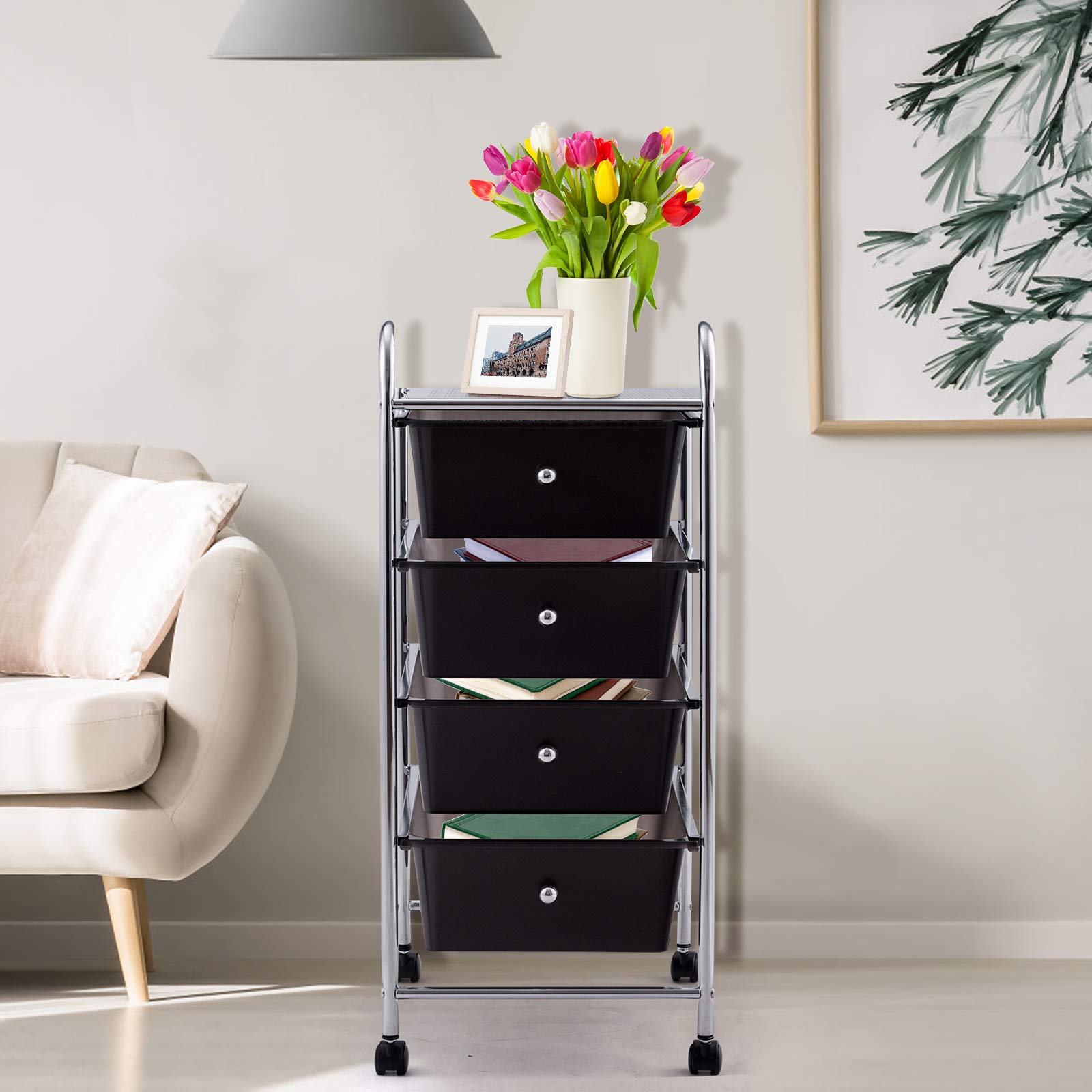 RELAX4LIFE Storage Drawer Carts Classroom Organization Rolling Carts with Wheels 4 Drawers -Craft Organizing Drawers with Plastic Drawers, Utility Cart for Office, School Storage Cart (Black)
