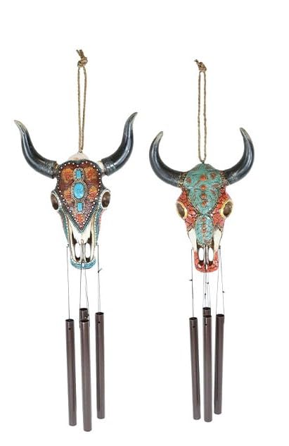 Ebros Gift Pack of 2 Rustic Western Faux Tooled Leather Ornate Bison Cow Skull with Turquoise and Ember Gems Decorative Wind Chimes Garden Patio Mobile Figurines Country Tribal Southwestern Accent