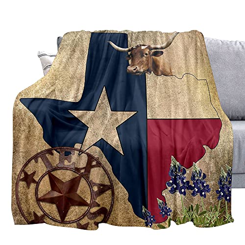 LUVIVIHOME Western Throw Blanket, Texas Flag Cattle Bull Bluebonnet Ranch Wild West Rodeo Cowboy Blanket, Cozy Soft Lightweight Fluffy Fuzzy Warm Plush Flannel Fleece Blanket for Couch, Sofa, 40"x50"