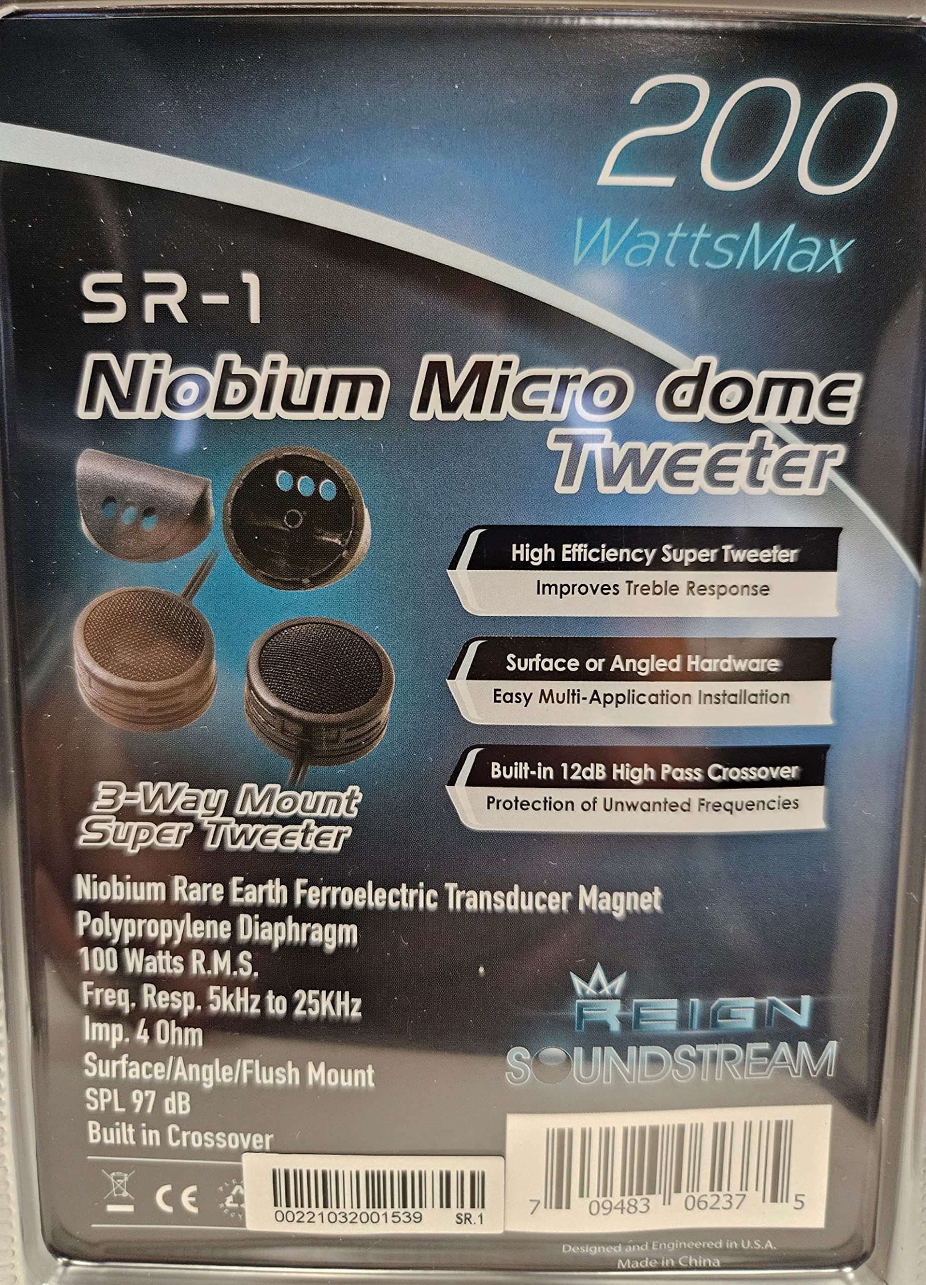 SOUNDSTREAM Reign Series SR-1 Niobium Micro Dome 1" Tweeter, 3 Way Mount Super 1 Inch Tweeters, 200 Watts Max
