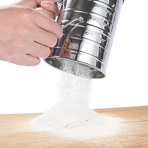 Flour Sifter, 3 Cup Flour Sifter for Baking Fine Mesh Rotary Hand Crank with Loop Agitator for Quick Sifting, Flour Sifter Stainlees Steel, Crank Sifter Flour for Baking Cakes and Spices Toresano