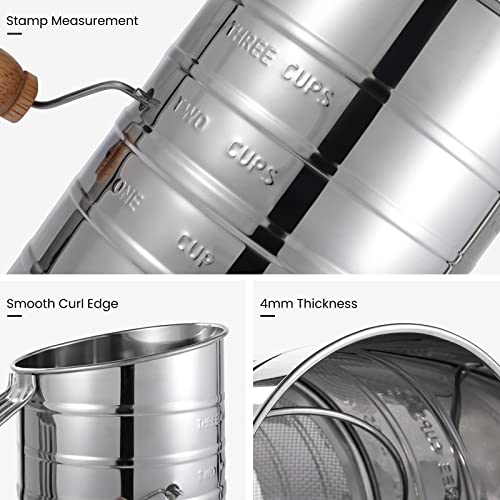 Flour Sifter, 3 Cup Flour Sifter for Baking Fine Mesh Rotary Hand Crank with Loop Agitator for Quick Sifting, Flour Sifter Stainlees Steel, Crank Sifter Flour for Baking Cakes and Spices Toresano