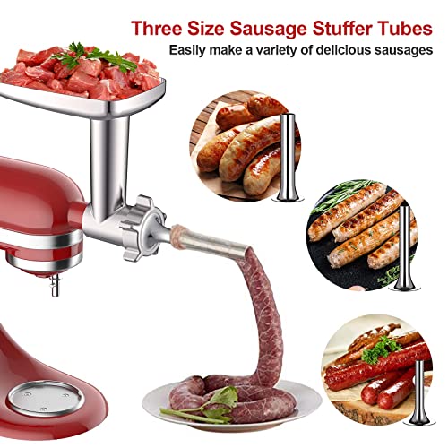 Metal Meat grinder attachment for KitchenAid stand mixers, Meat Grinder Attachment Includes 4 Grinding Plates, 3 Sausage Stuffer Tubes, 2 Grinding Blades, Meat Grinder and Sausage Stuffer by COFUN