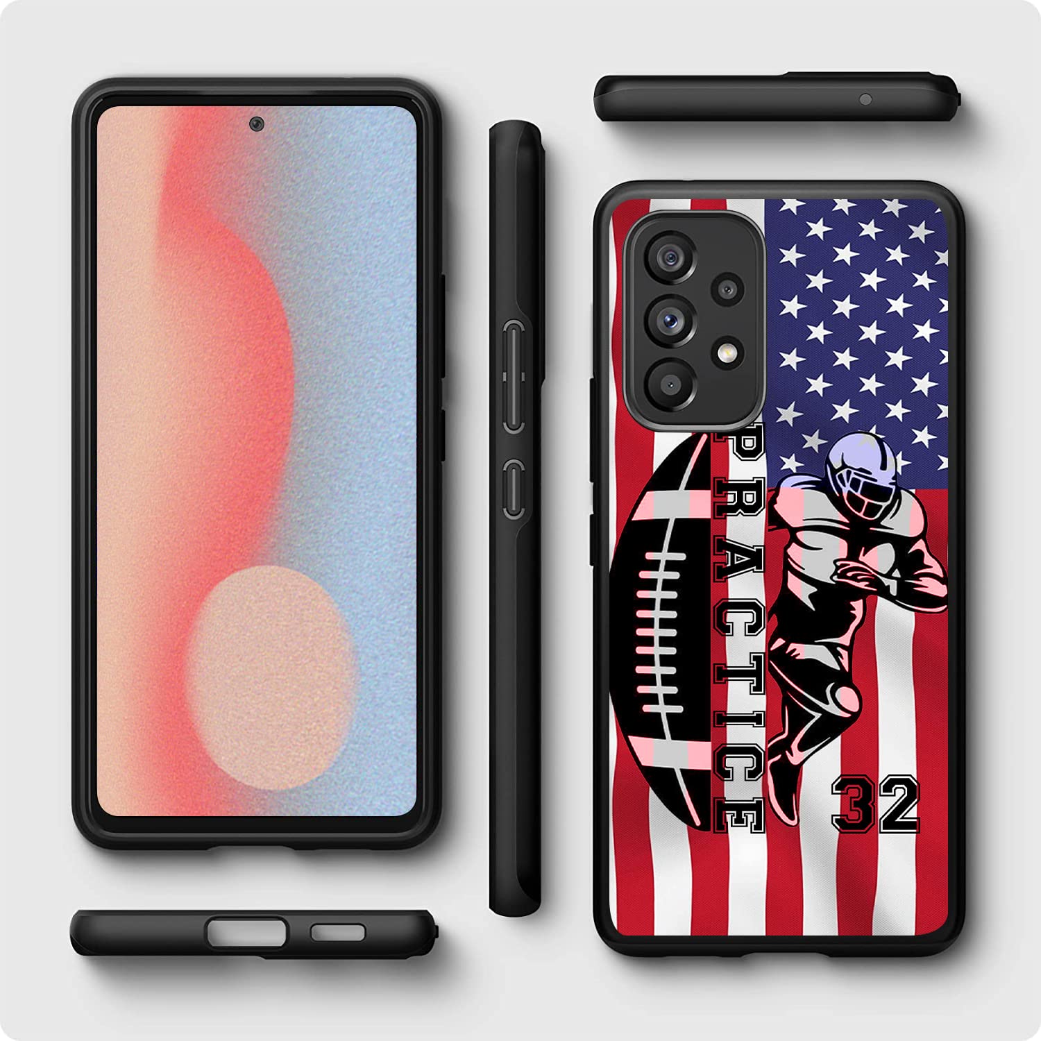 Personalized Football Player Name Number America Flag Design Rubber Cover Phone Case for Samsung Galaxy A16/A15/A25/A14/A54/A53 5G/A03S/A02S/A10E/A12/A13/A32/A33/A42/A51/A52/A71 Custom Football Phone Case