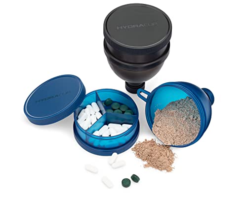 Hydra Cup [4 Pack] - Funnels for Filling Bottles with Protein Powder & Three Compartment Pill Storage, Supplement Container & Dispenser, Use w/ Shaker Bottle or Water Bottle