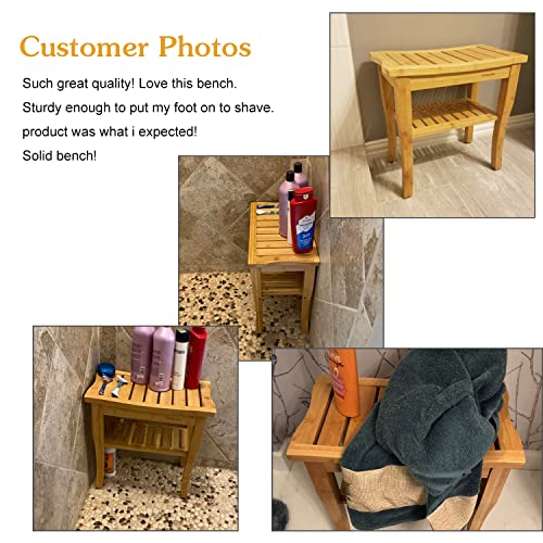 Kinfant Bathroom Bamboo Shower Bench - Spa Bath Shower Stool with Storage Shelf, Wooden Seat for Inside Shower (Style 2)