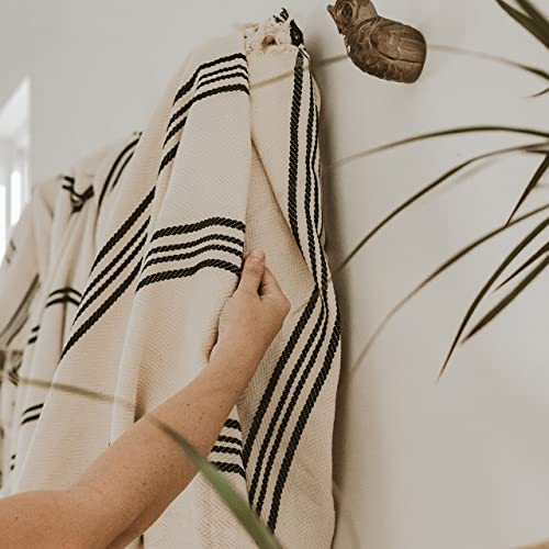 Sweet Water Decor Turkish Cotton Throw Blankets | Large Size 65 x 85 | Cream with Black Decorative Stripes | Boho, Rustic, Farmhouse | Indoor, Outdoor Cover (Henley - Four Stripes)