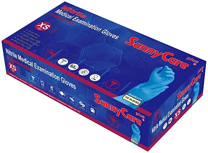 100Pcs SunnyCare #8200 Blue Nitrile Medical Exam Gloves Powder Free Chemo-Rated (Non Vinyl Latex) 100/box Size: X-Small