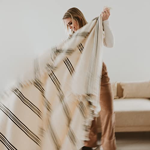 Sweet Water Decor Turkish Cotton Throw Blankets | Large Size 65 x 85 | Cream with Black Decorative Stripes | Boho, Rustic, Farmhouse | Indoor, Outdoor Cover (Henley - Four Stripes)