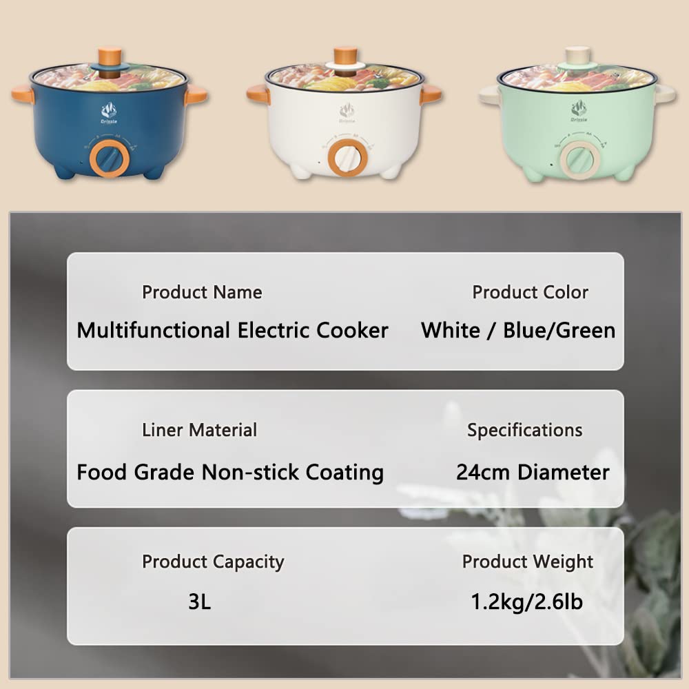Drizzle 3L Hot Pot Cooker Skillet - Multifunction Frying Pan 110V Non-Stick Grill Stir-fried Stewed Cookware Steak Noodle Ramen Shabu Shabu Pot - Home Office Party Kitchen Dorm Cooking