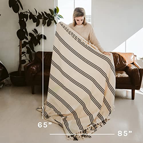 Sweet Water Decor Turkish Cotton Throw Blankets | Large Size 65 x 85 | Cream with Black Decorative Stripes | Boho, Rustic, Farmhouse | Indoor, Outdoor Cover (Henley - Four Stripes)