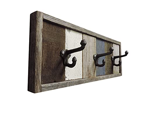 Reclaimed Barnwood Towel Rack 3-Hook Wall Mounted Farmhouse Bathroom Accessories, Reclaimed Barn Wood Multi Towel Hanger, Decorative Rustic Wooden Robe Holder Decor- Your Choice of Accent Colors.