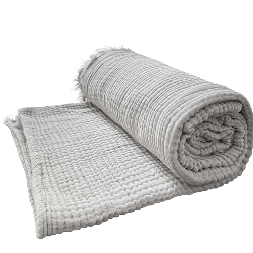 DerF HOME Muslin Cotton Bed Blanket for Couch Adult, 4-Layer Pre-Washed, Breathable Super Soft, Lightweight Summer Blanket Twin Bed Throw Blanket, (Light Grey 60"x80" inches)