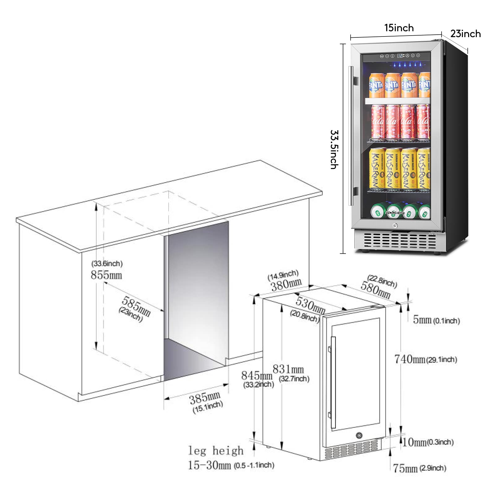 BODEGA Beverage Refrigerator Cooler,15 inch drink fridge under counter,100 cans mini Fridge with Glass Door for Soda Beer,Wine,Beverage Cooler for Home,Kitchen, Bar or Office.