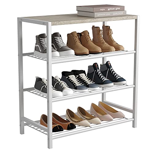 COZYFUN Industrial Shoe Rack 4-Tier Metal Shoe Storage Organizer, Shoe Storage Shelves with Stable Metal Frame, Small Shoe Organizer Shelf for Hallway, Closet, Entryway, Living Room (White)