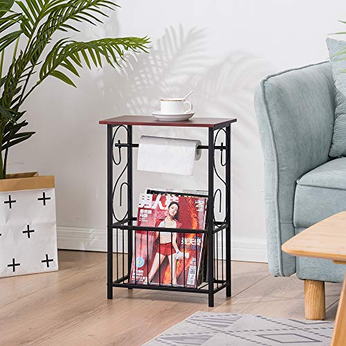 WEI WEI GLOBAL Toilet Paper Holder and Magazine Rack Side Table, Bathroom Storage Table Stand Shelf with Wooden Top and Metal Frame, Brown