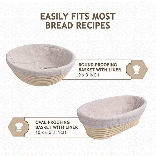 La Patisserie Bread Proofing Basket – 11 Piece Bread Baking Kit with Round and Oval Banneton Basket, Liners, Dough Scrapers, Scoring Lame, Blades, Digital Scale, Canvas Bread Bag