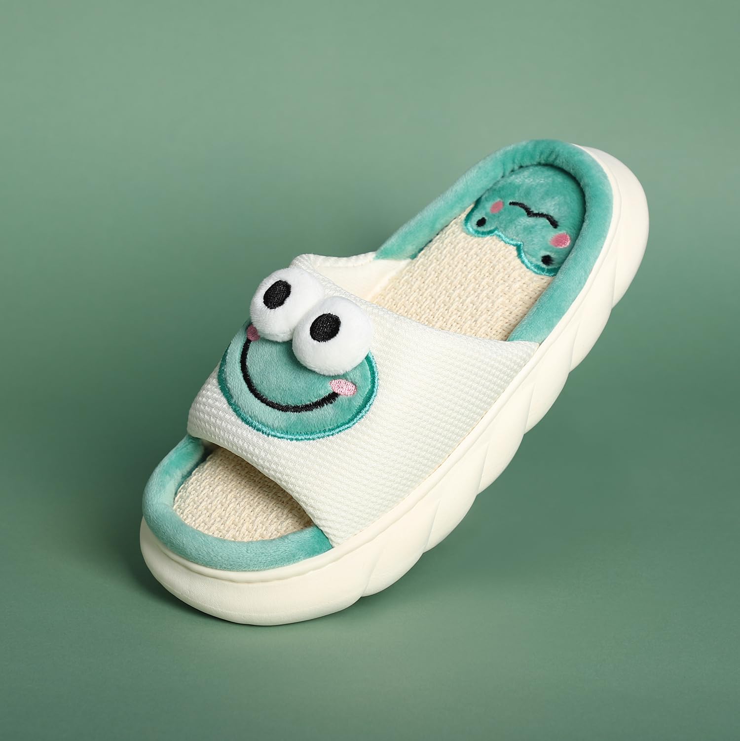 Gaolinci Cartoon Animal Shape Slippers, Womens Four Seasons Home Linen Slippers (Frog-US 8-9)