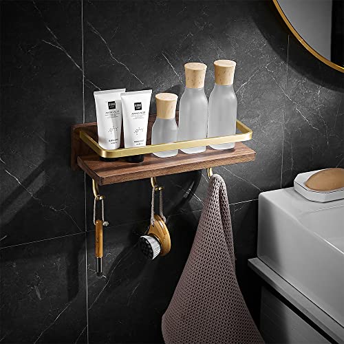 NEWRAIN Shower Rack, Wood Shower Shelves with Hook for Kitchen Toilet Bathroom Shelves Shower Storage Organizer Wall Mounted