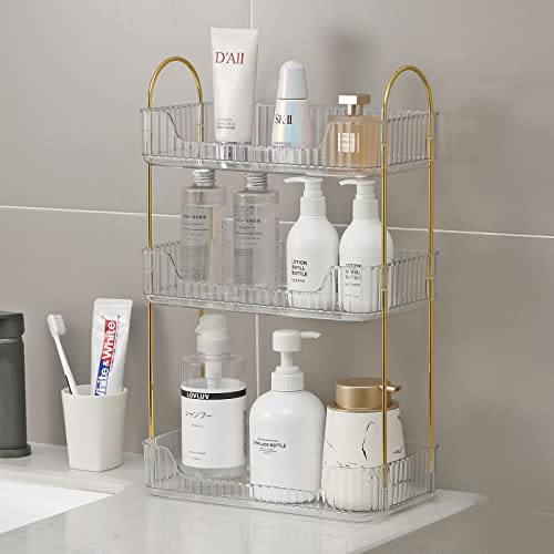 Bathroom Organizer Countertop, Vanity Organizer Trays for Bathroom Counter, Bathroom Tray Counter Organizer, Plastic Tray Stand for Perfume, Makeup, Skincare(Clear, 3 Tiers)