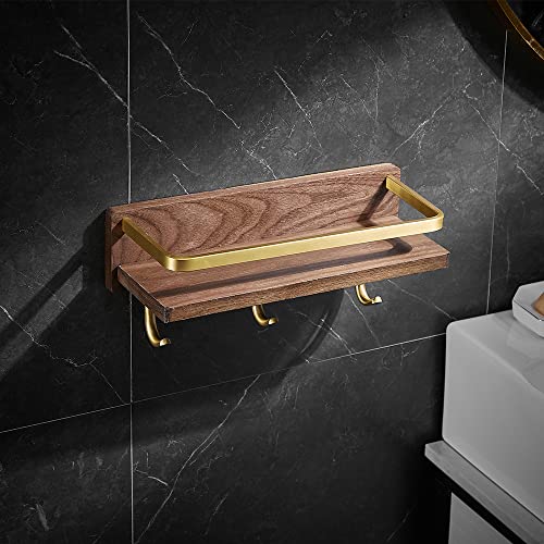 NEWRAIN Shower Rack, Wood Shower Shelves with Hook for Kitchen Toilet Bathroom Shelves Shower Storage Organizer Wall Mounted