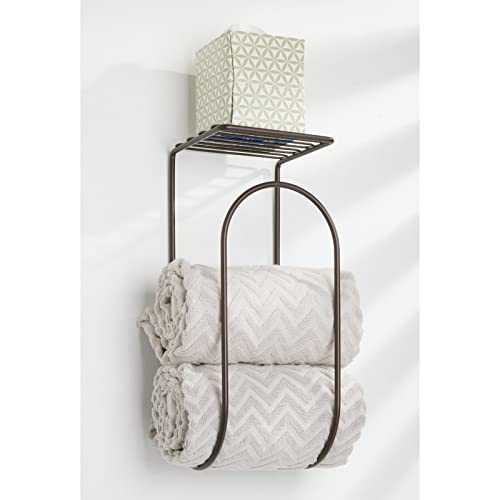 mDesign Modern Metal Wire Wall Mount Towel Rack Holder and Organizer with Storage Shelf - for Bathroom Towels, Washcloths, Hand Towels - Decorative Curved Design - Bronze