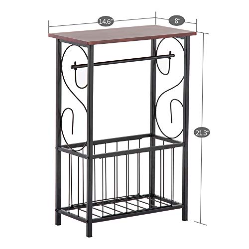 WEI WEI GLOBAL Toilet Paper Holder and Magazine Rack Side Table, Bathroom Storage Table Stand Shelf with Wooden Top and Metal Frame, Brown