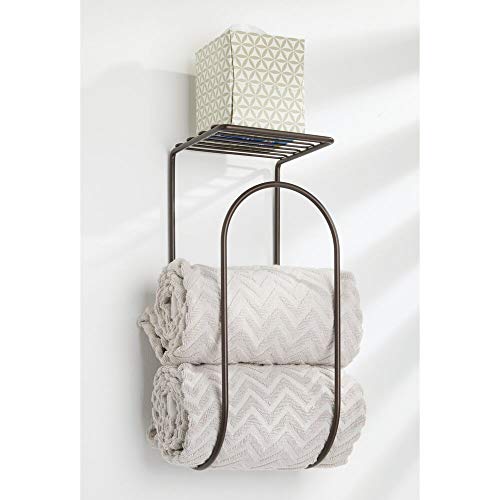 mDesign Modern Metal Wire Wall Mount Towel Rack Holder and Organizer with Storage Shelf - for Bathroom Towels, Washcloths, Hand Towels - Decorative Curved Design - Bronze