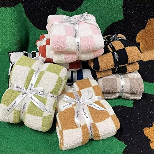 Fuzzy Checkered Throw Blanket Soft Cozy Lightweight Warm Reversible Blanket Preppy Aesthetic Decor for Couch,Chair,Sofa,Bed (Black/Camel, 51"x63")